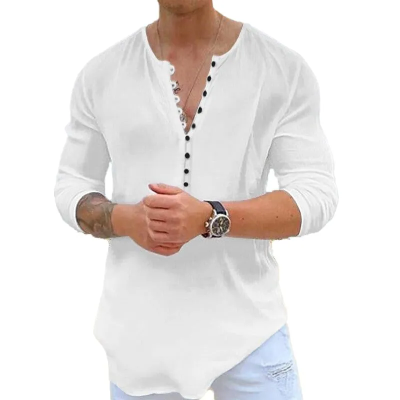 Men's Casual Solid Color V Neck Henley Neck Long Sleeve Shirt 13610037Y ...