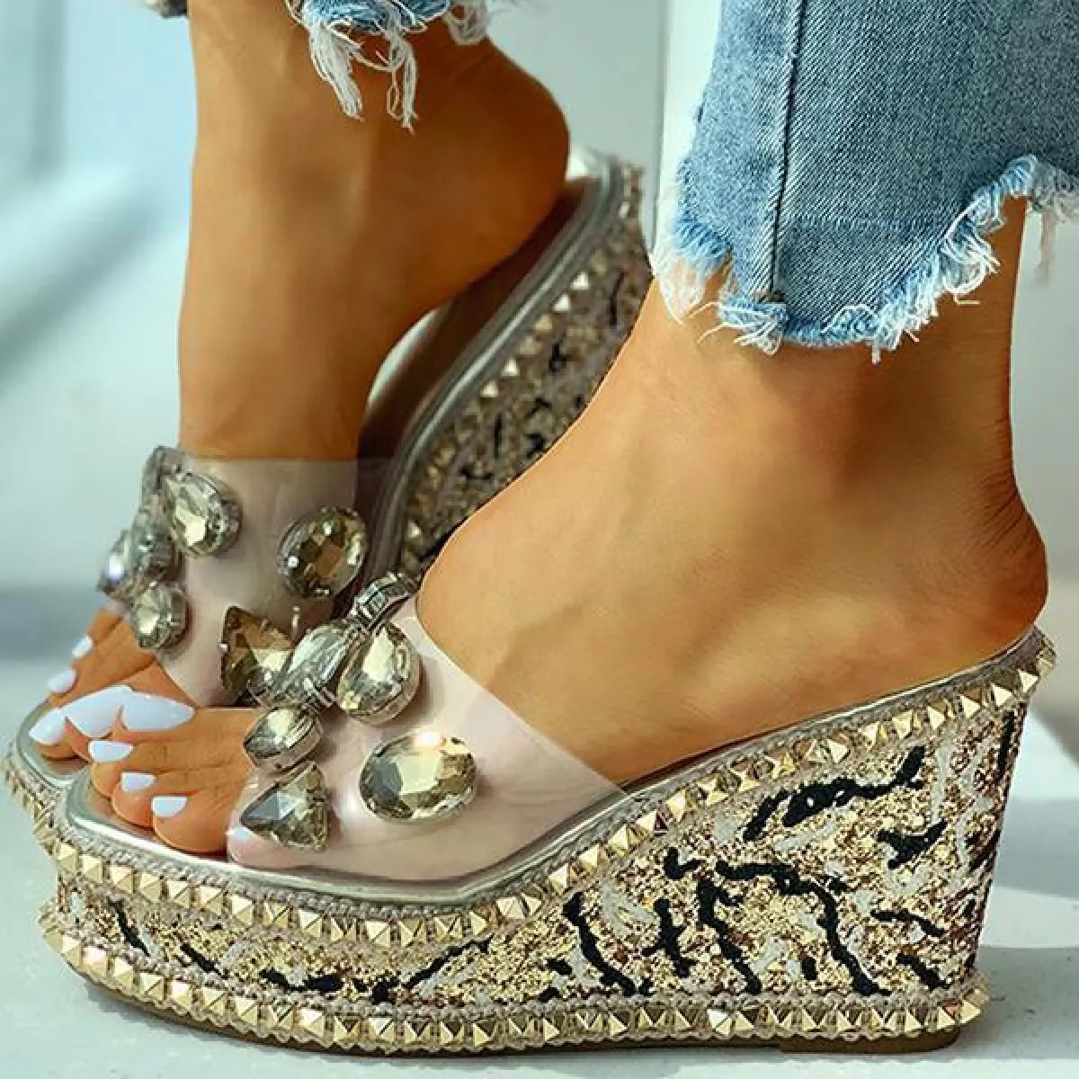 Clear Rhinestone Platform Wedges Slip on Backless Slide Sandals | Parallel