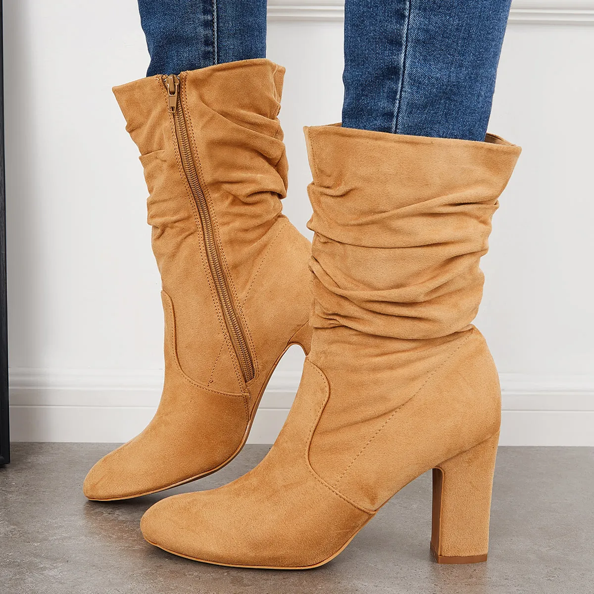 Women Slouchy Mid Calf Boots Suede Chunky Block Heel Booties | Parallel