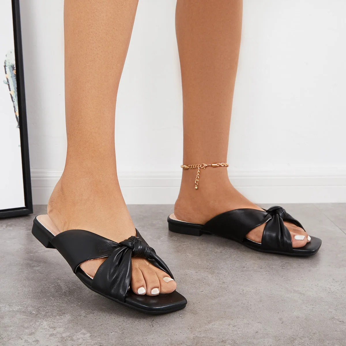 Square Toe Slide Sandals Bow Cross Flat Slippers | Parallel