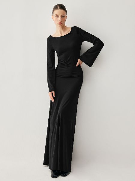 Flare Long Sleeve Crew Neck Knit Long Dress | Parallel
