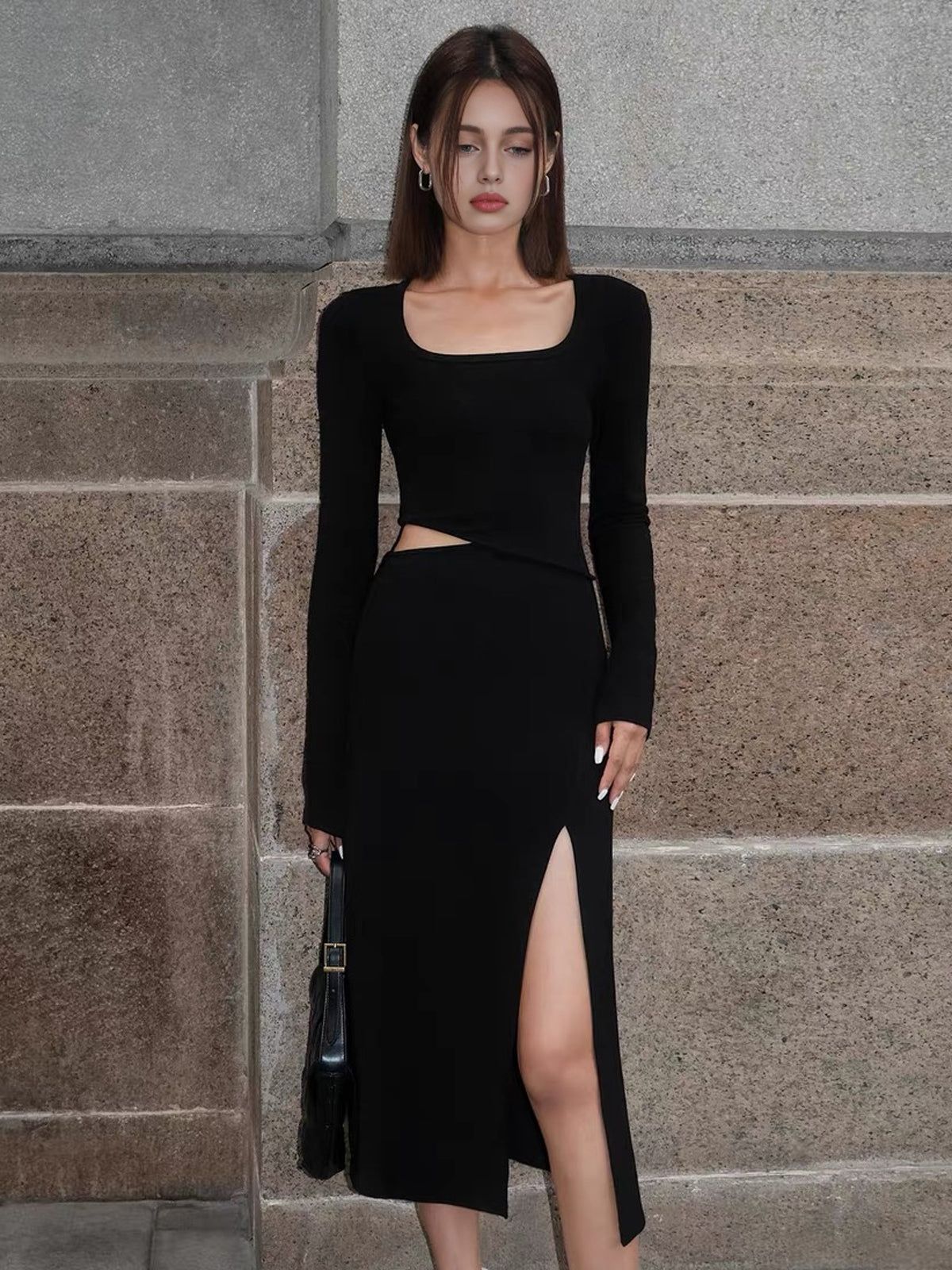 Square Neck Cut Out Long Sleeve Slit Knit Midi Dress | Parallel