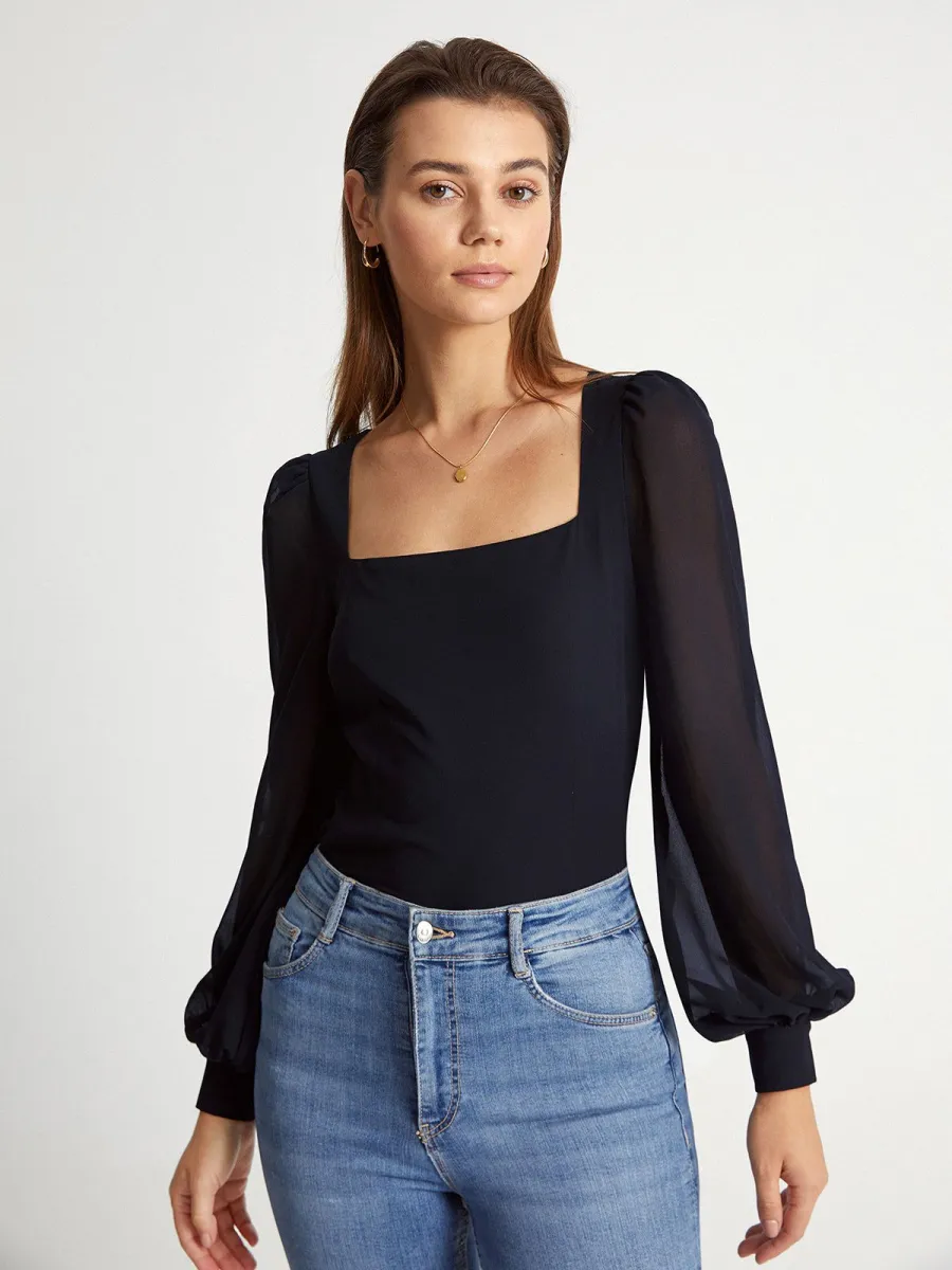Mesh Puff Sleeve Square Neck Top | Parallel