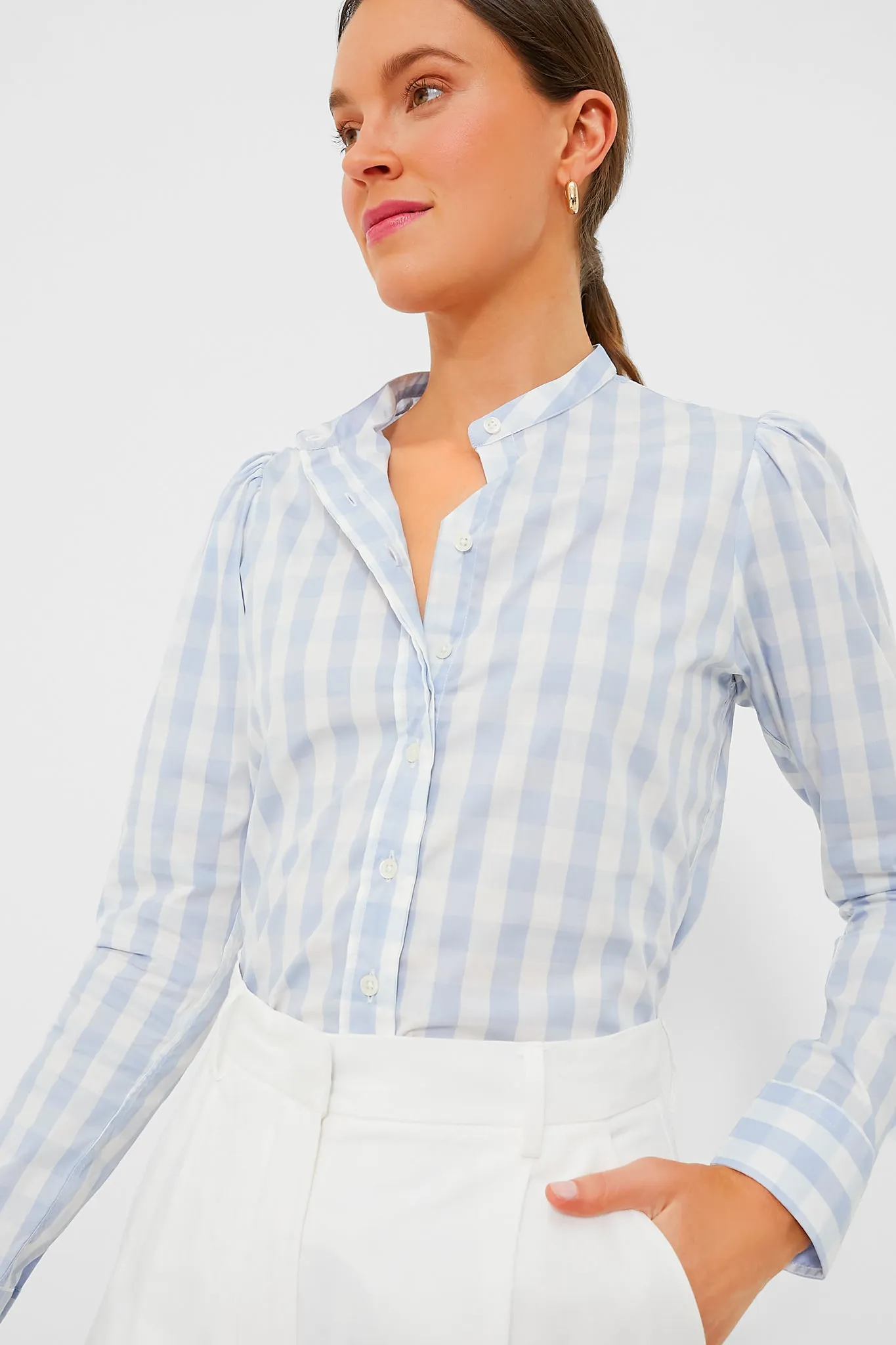 Exclusive Sky Blue Gingham Puffed Shoulder Shirt | Parallel
