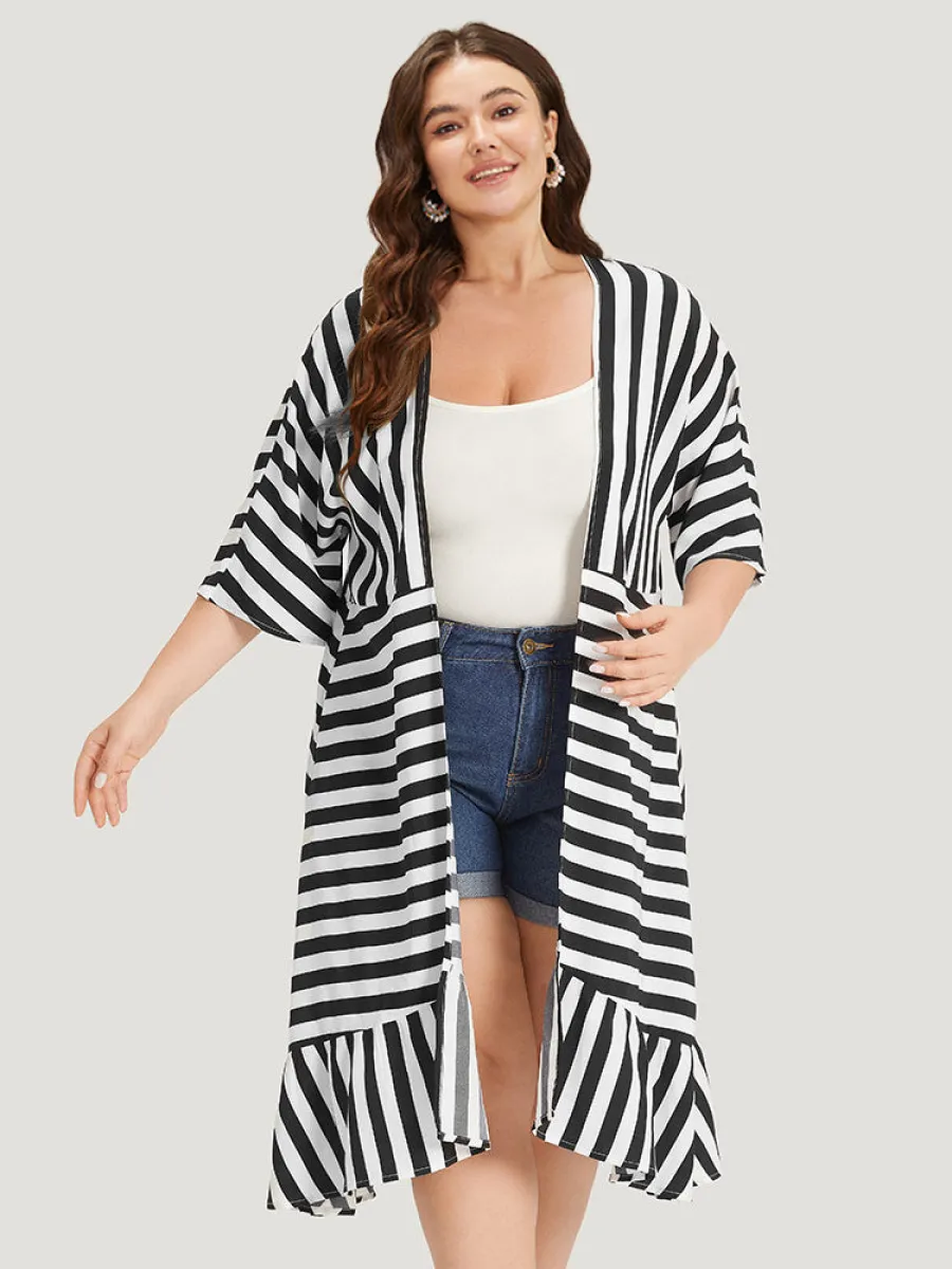 Striped Ruffle Hem Pocket Open Front Kimono | Parallel