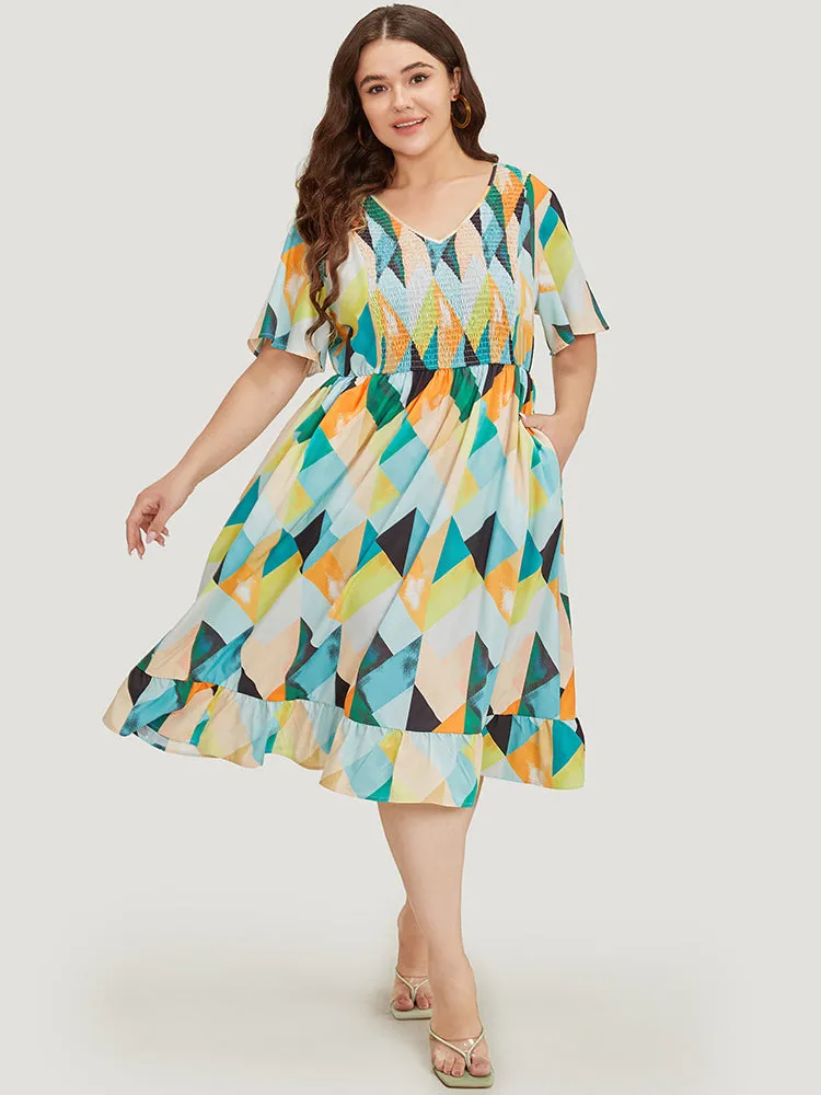 Geometric Print Shirred Ruffle Hem Pocket Dress | Parallel