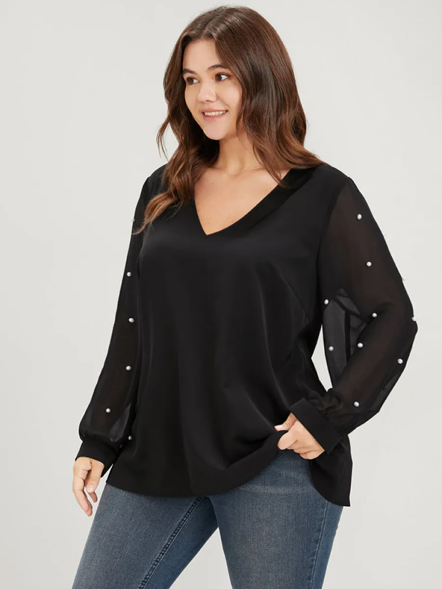 Solid Patchwork Mesh Sleeve Pearls Beaded Blouse | Parallel