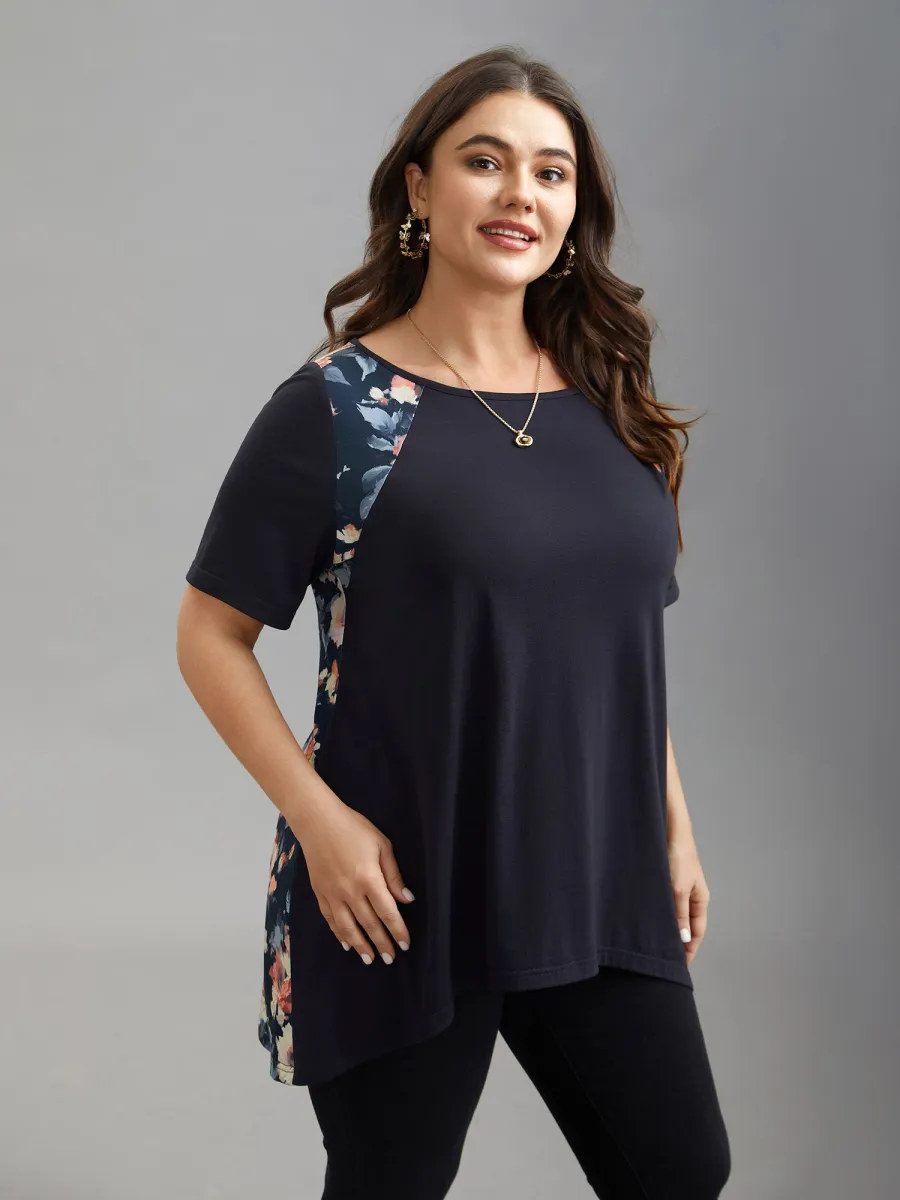Round Neck Floral Print Patchwork Half Sleeve T-Shirt | Parallel