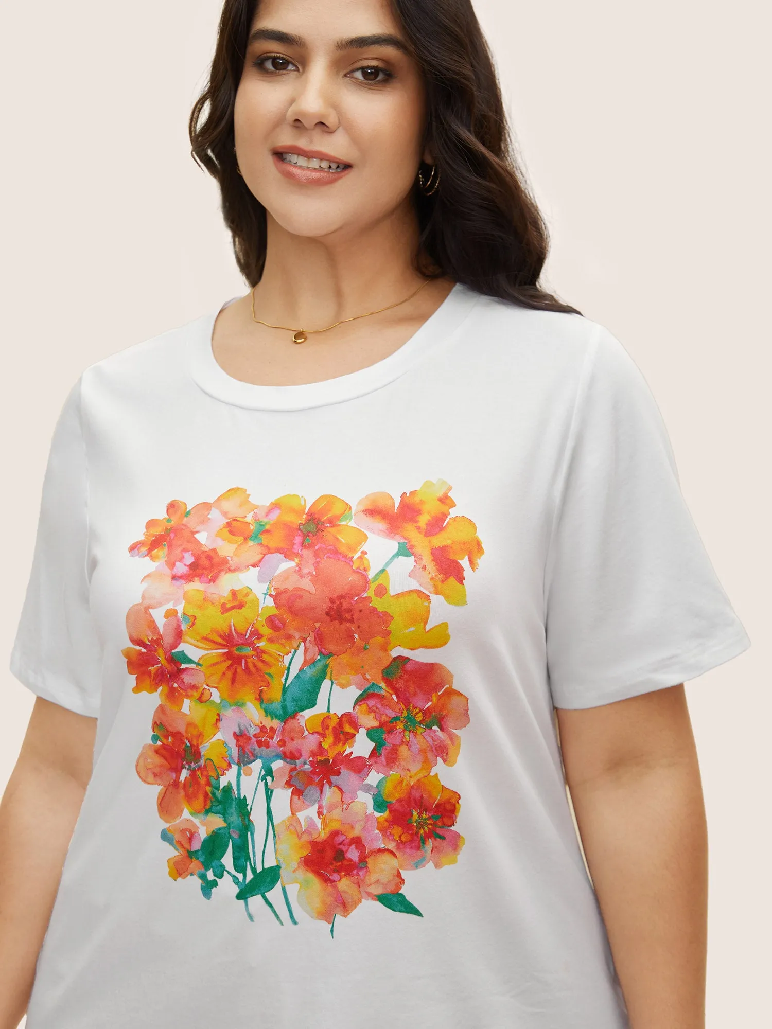 Cotton Crew Neck Flower Print T-shirt | Parallel