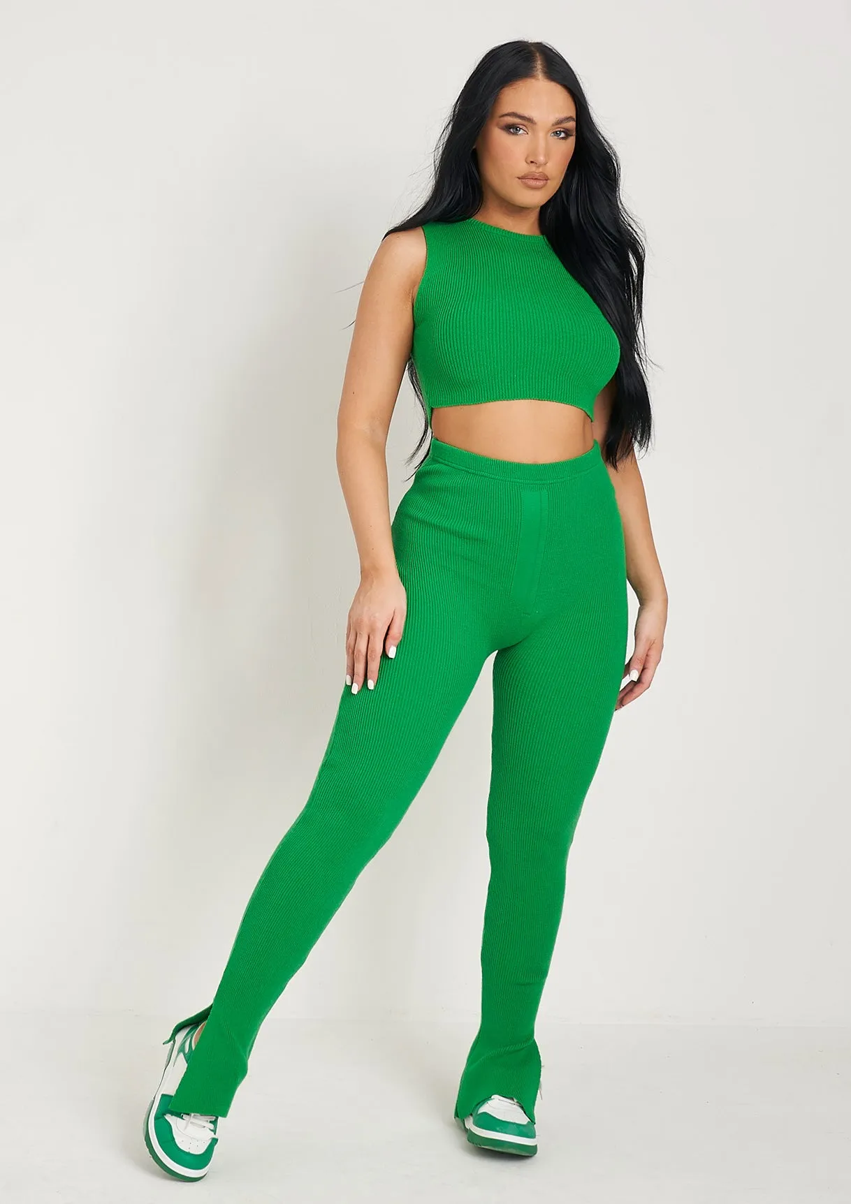 Madilyn Green Knitted Rib High Waisted Split Leggings | Parallel