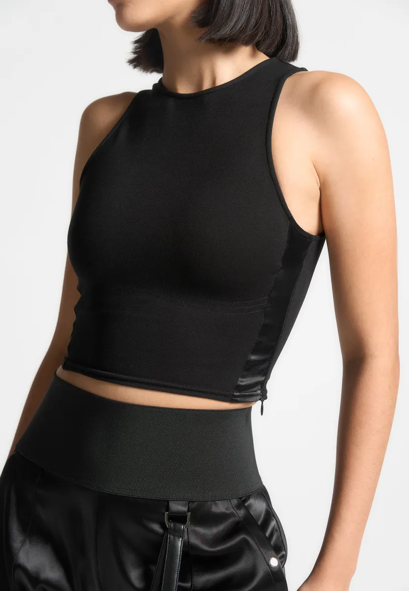 Racer Crop Top with Satin Panels - Black | Parallel