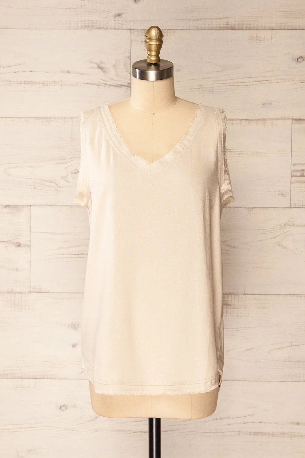 Helsinki Beige | V-Neck Tank Top w/ Frayed Hem | Parallel